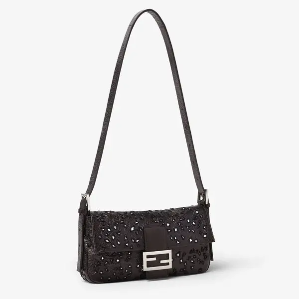 Fendi Baguette® 26424 Crackled Black Leather Bag With Wedge-shaped Mirrors